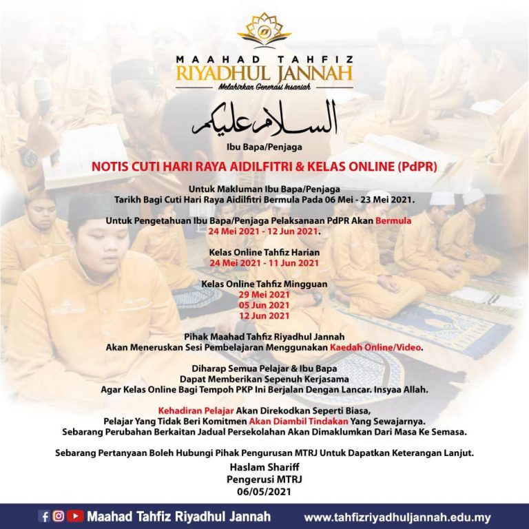 Notis Cuti Sambutan Hari Raya Aidilfitri & Jadual Kelas Online (PdPR ...